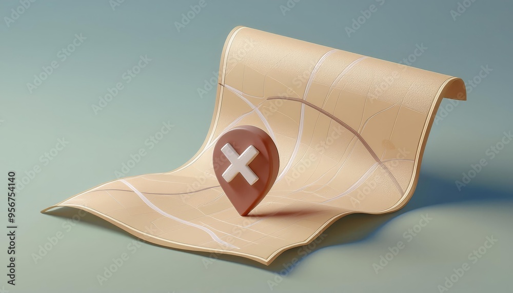 A stylized map illustration with a pin marker indicating a specific ...