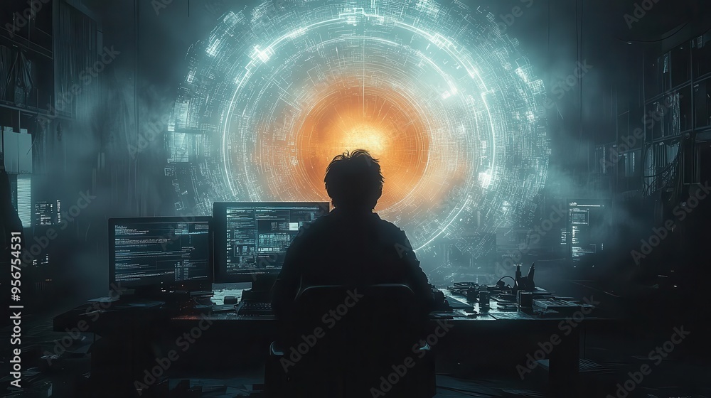 silhouette of a hacker hunched over a glowing computer screen in a dim ...