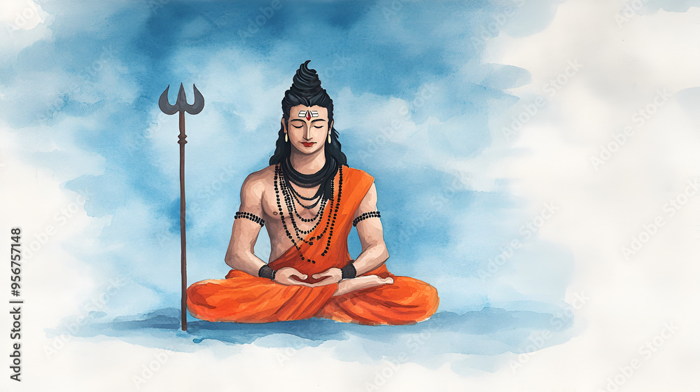 Watercolor Illustration of Shiva in Deep Meditation with Trishul ...