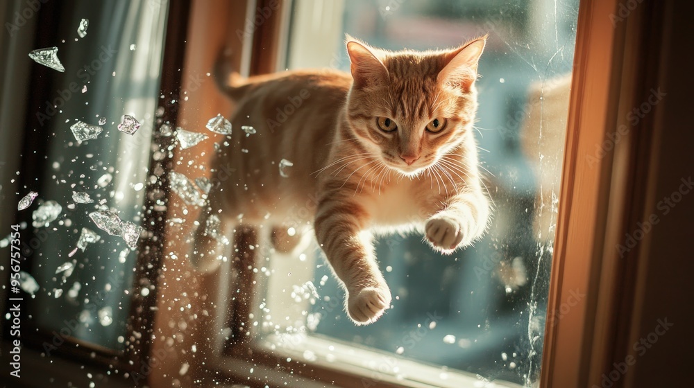 Orange tabby cat in action, mid-jump, as windows break and items ...