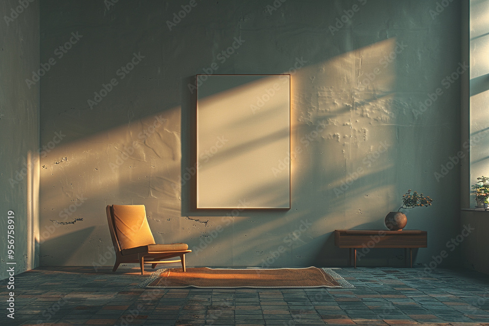 A dimly lit room with sparse furnishings and a blank wall serves as ...