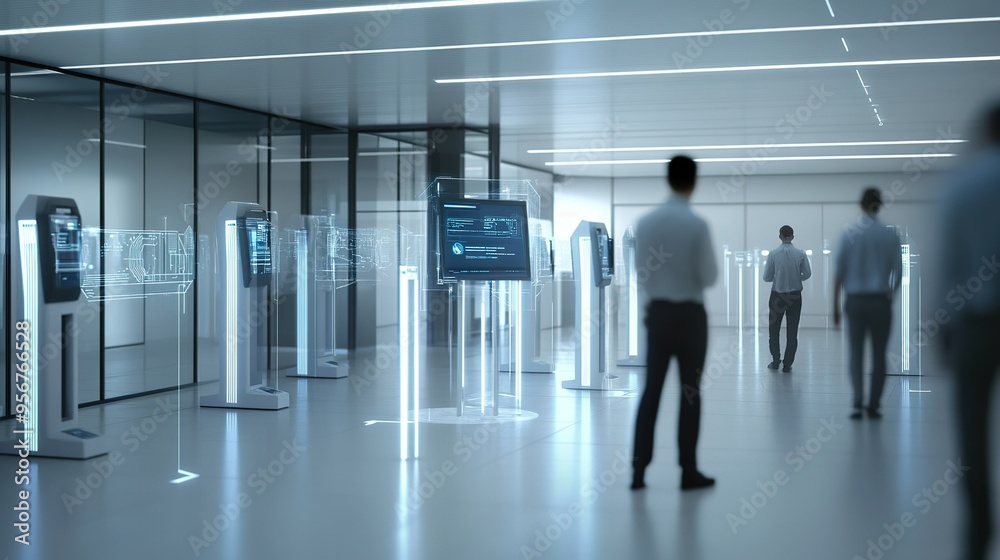 Modern high-tech exhibition hall with interactive displays and visitors ...