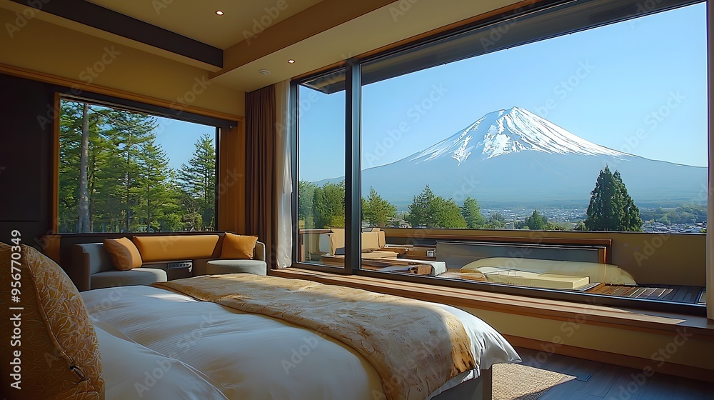 A luxurious Japanese hotel room featuring a large window framing a ...