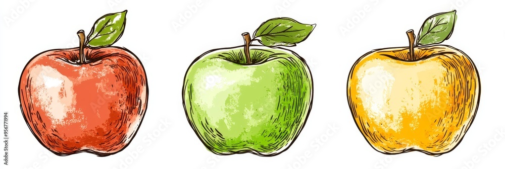 Set of three hand-drawn apples on a white background in clipart doodle ...