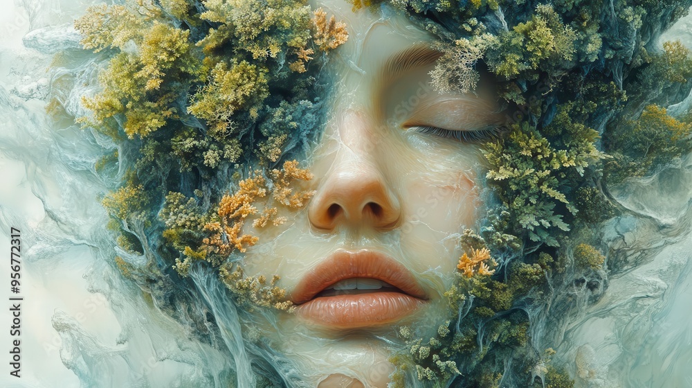surreal portrait of mother nature her face a patchwork of diverse ecosystems melting glaciers ...