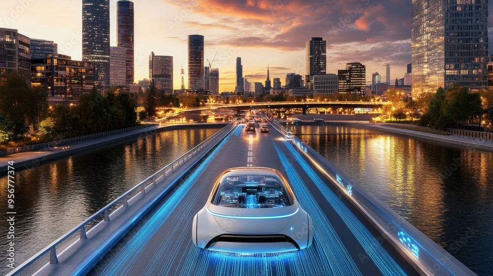 Autonomous Self-Driving 3D Car Driving Across City Highway. VFX ...