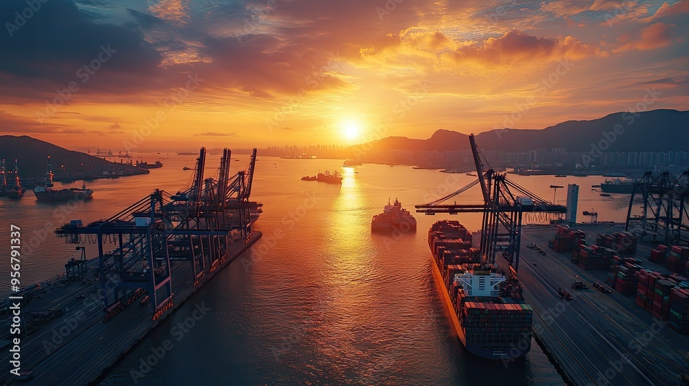 Aerial view of an industrial port at dusk with a container ship in the ...