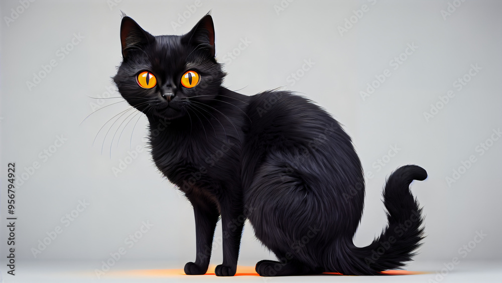 Graceful Black Cat with Smooth Shining Fur and Bright Orange Eyes ...