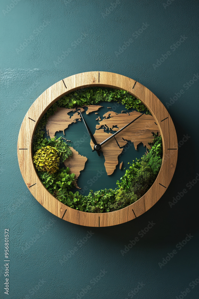 Sustainable World Clock, 3D rendering of a world clock showing ...
