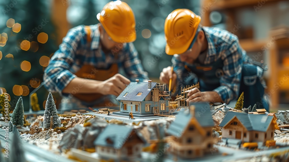 Two construction workers building a detailed model village with houses ...