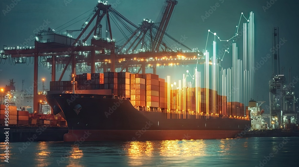 Cargo ship being unloaded by a crane at the dock, with an overlaid bar ...