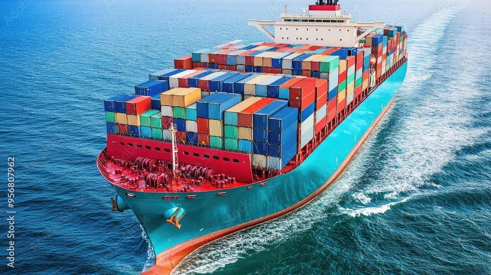 Cargo ship loaded with containers navigating the open sea. Emphasizes ...