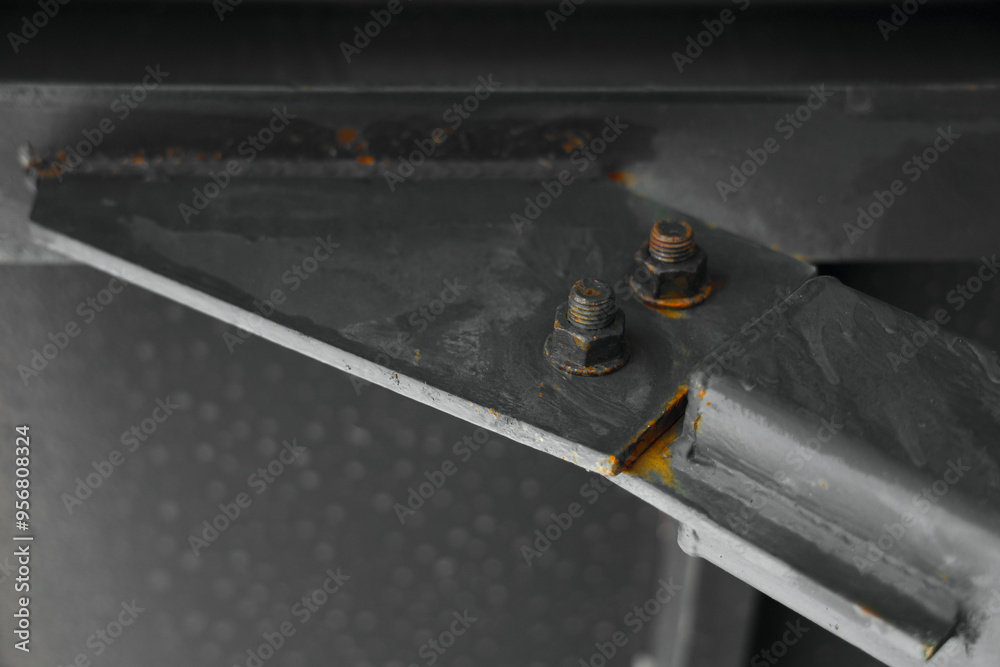 iron metal column, steel rafters. Roof bridge structure. rusty painted ...