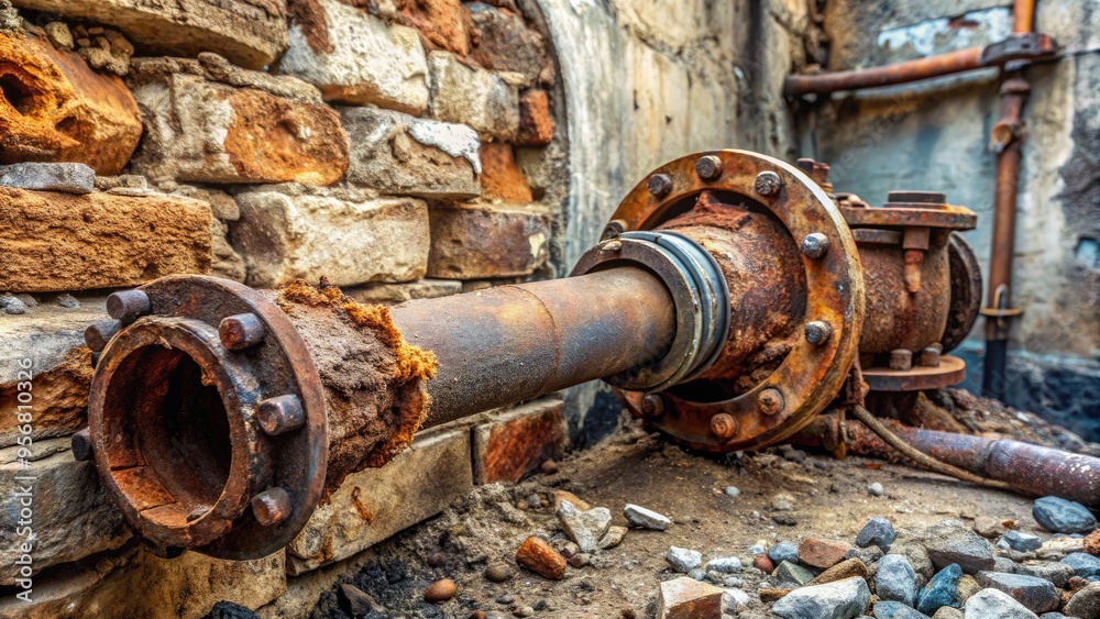 A corroded metal sewer main drain pipe with rusted bolts and worn ...