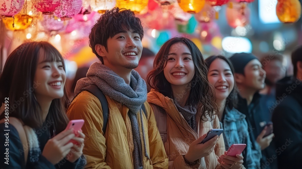 A diverse group of people from Asia Pacific using AI-powered translation apps to communicate ...