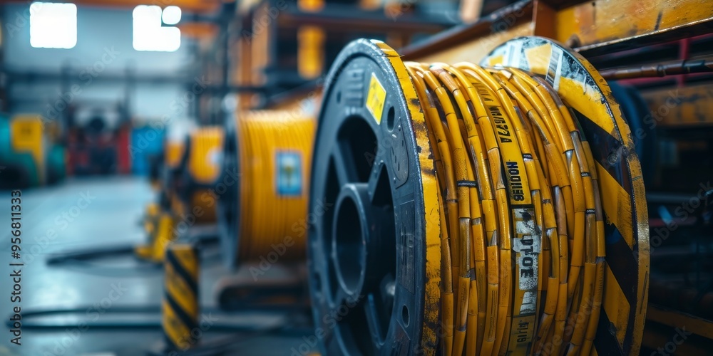 High-voltage cable spool with warning labels, emphasizing industrial ...