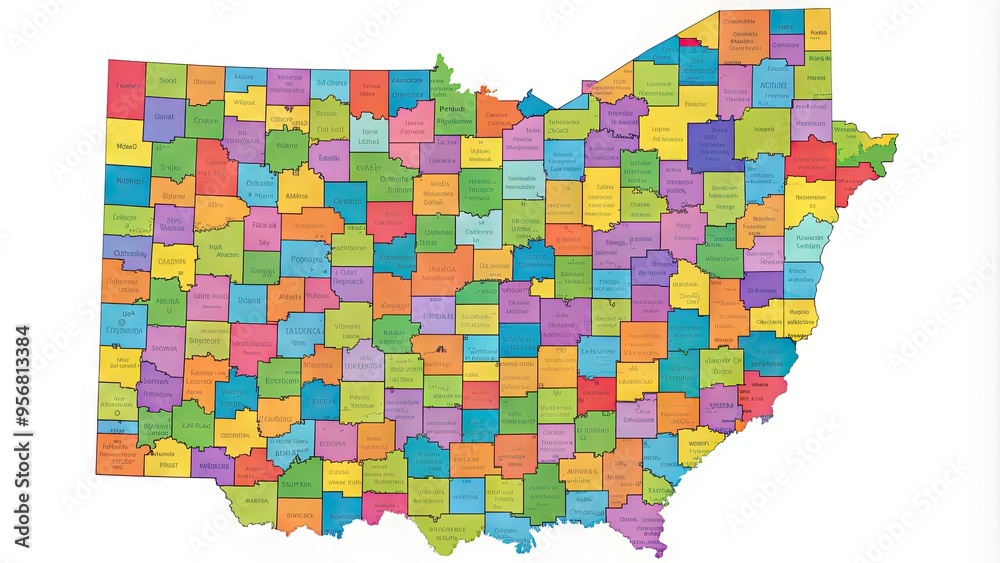 A detailed map of Ohio showcases its 88 counties, including urban and ...