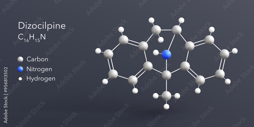 dizocilpine molecule 3d rendering, flat molecular structure with ...