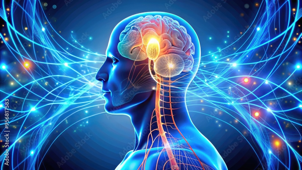 A futuristic illustration of the vagus nerve highlighted in blue ...