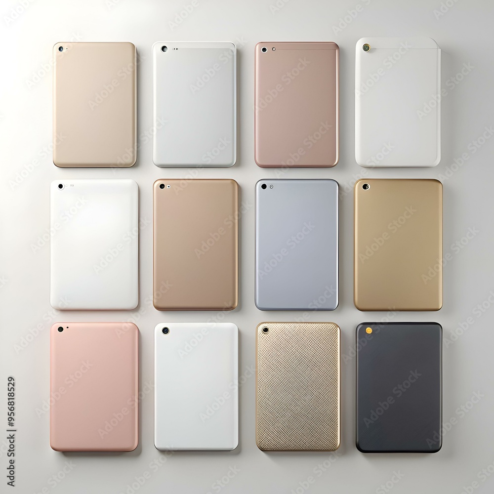 A clean and modern arrangement of 12 tablet devices in various colors ...