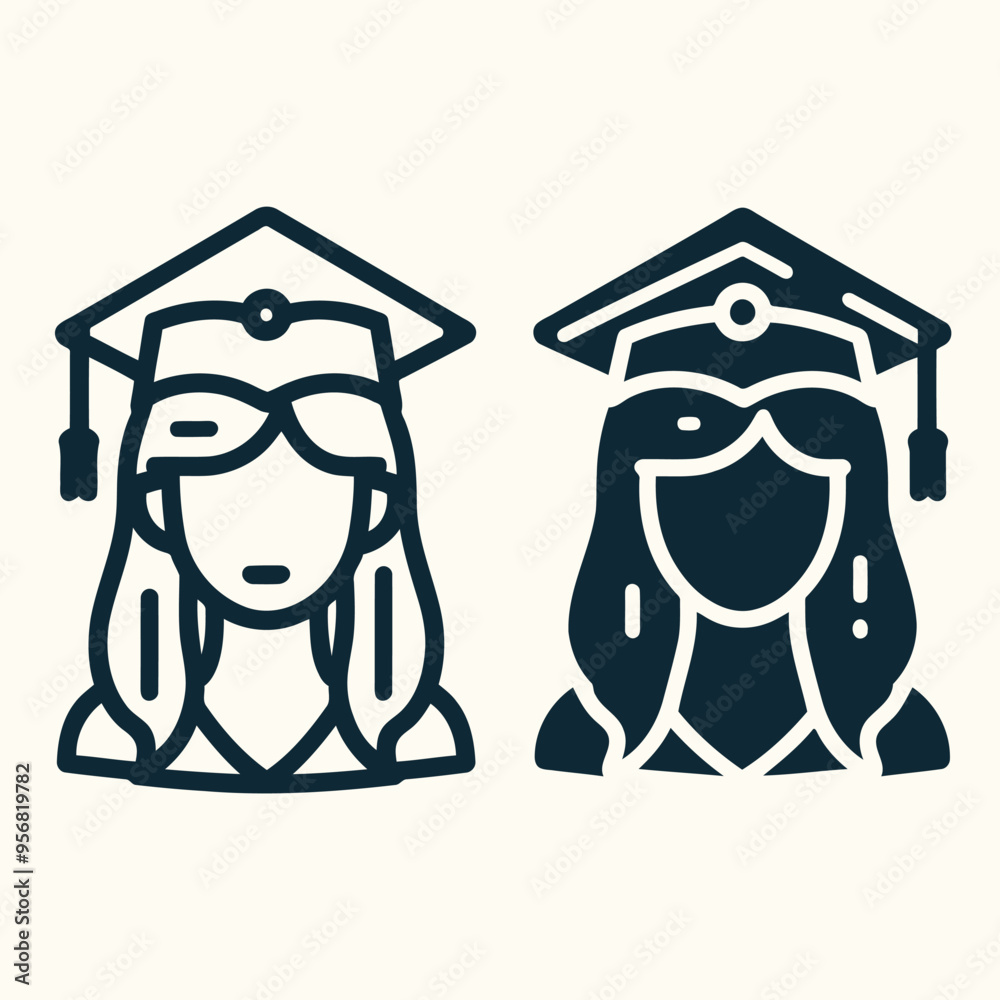 Graduation cap icon. line and glyph version, student hat outline and ...