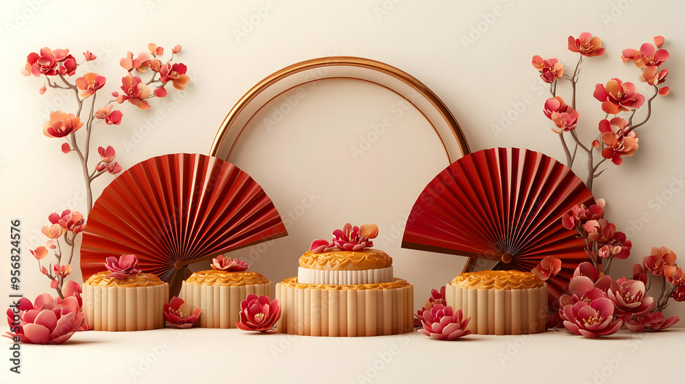 3D Mooncake and Fan Border Frame with Copy Space concept as A border ...