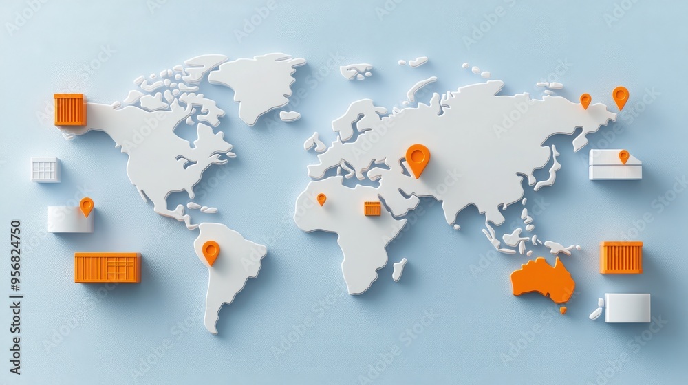 Stylish world map with orange markers and shipping containers, perfect ...