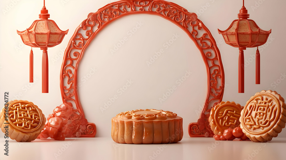 3D Mooncake and Lantern Border Frame with Copy Space concept as A ...