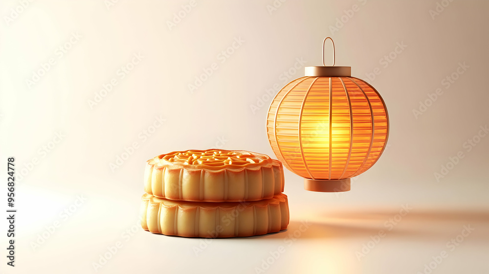 3D Mooncake and Lantern with Mid Autumn Festival Message concept as A ...
