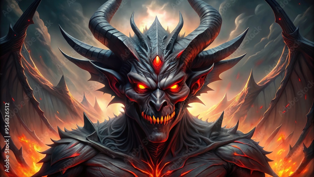 A menacing, horned demon with glowing red eyes and sharp teeth emerges ...