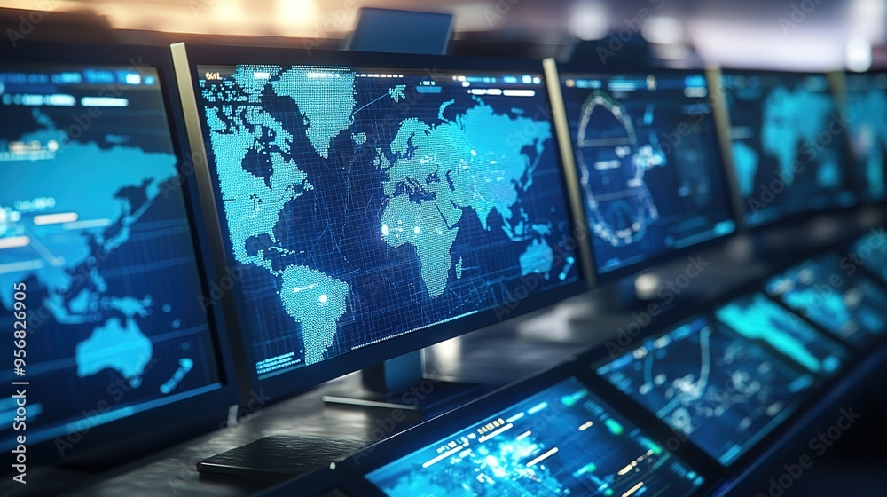 Multiple high-tech computer monitors displaying dynamic geopolitical ...
