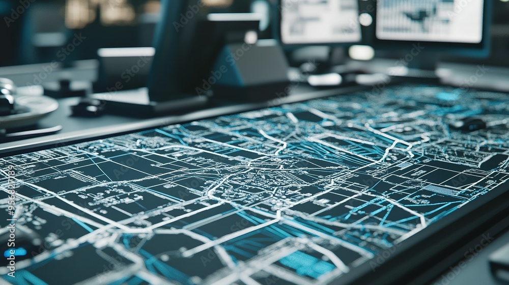 Detailed map displayed on a high-tech console in a modern command ...