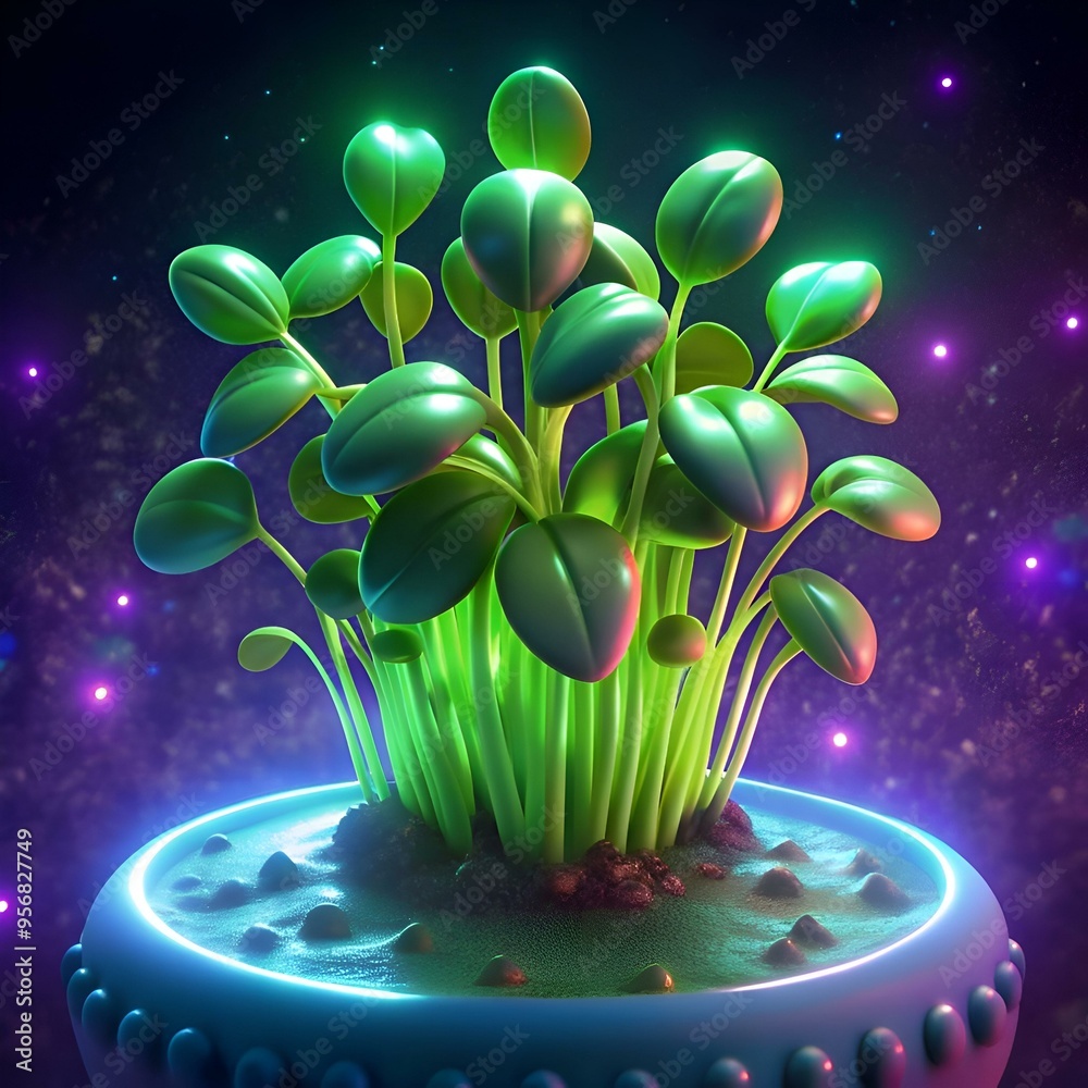 A vibrant 3D illustration of a cress plant with a neon glow. perfect ...