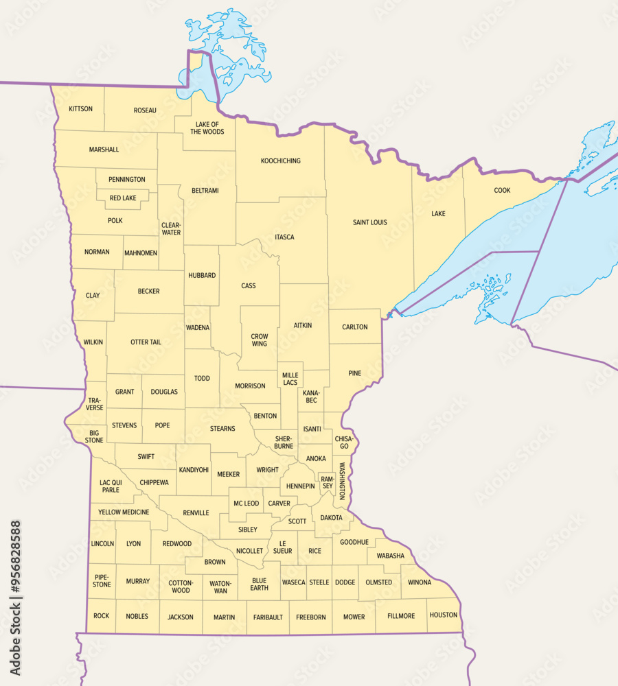 Minnesota counties, political map. Minnesota, a state in the Upper ...