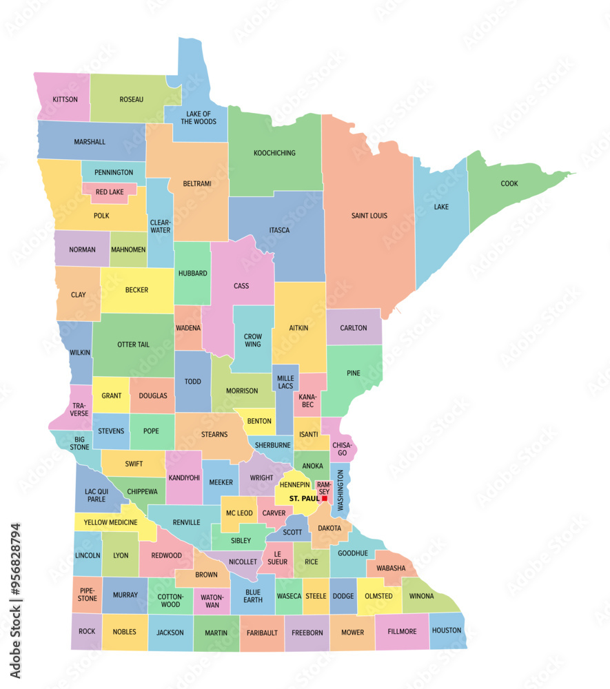 Minnesota, U.S. state, subdivided into 87 counties, multi colored ...