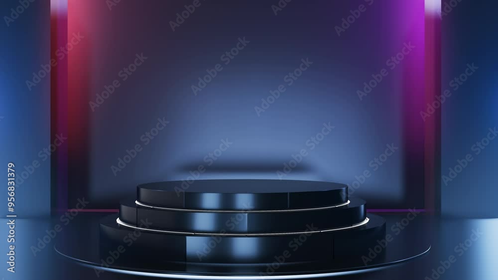 Black room space with rotating round pedestal, exhibition podium or ...