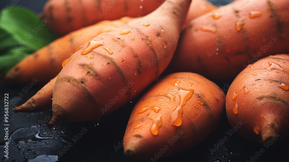 Pile of fresh yams with glistening droplets of water. Advertising ...