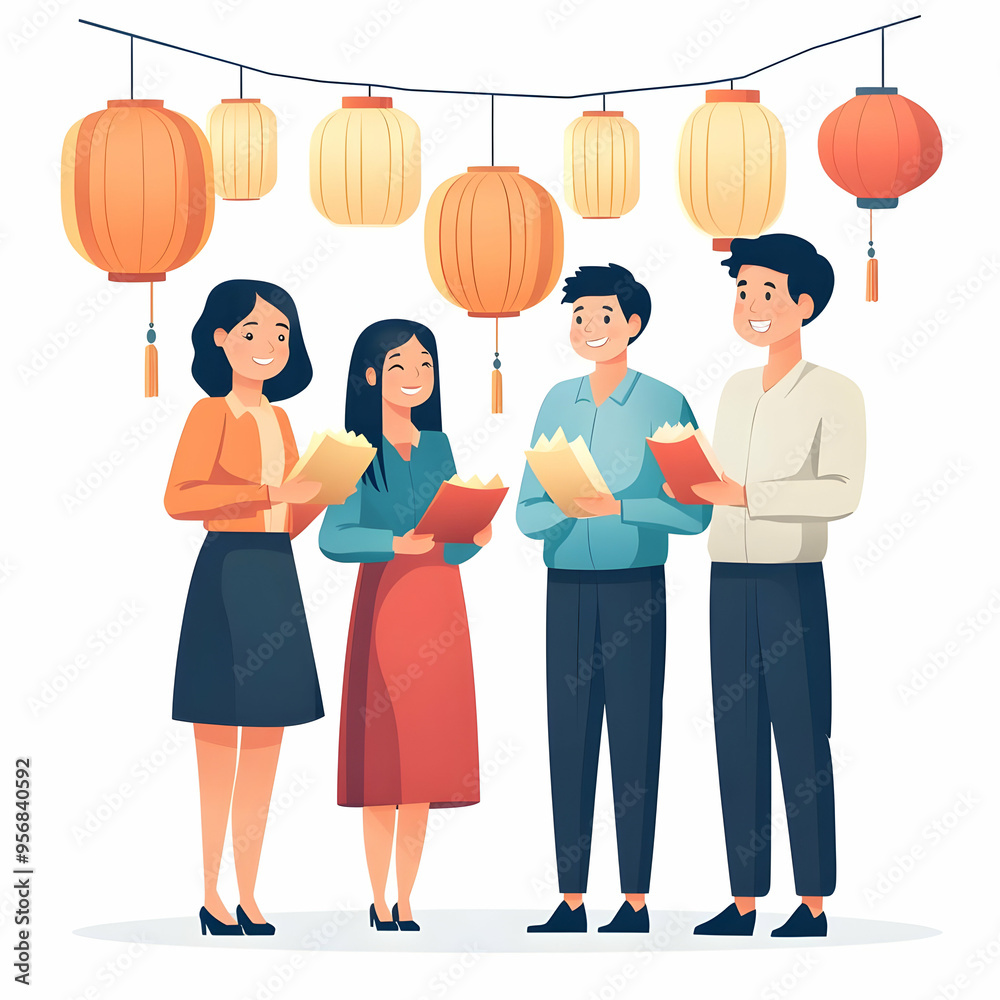 Flat Friends Lighting Lanterns at a Mid Autumn Festival Gathering ...