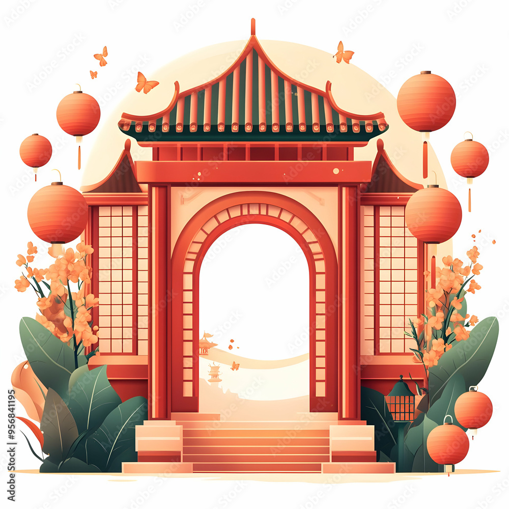 Flat Glossy Moon Gate with Lanterns for Mid Autumn Festival concept as ...
