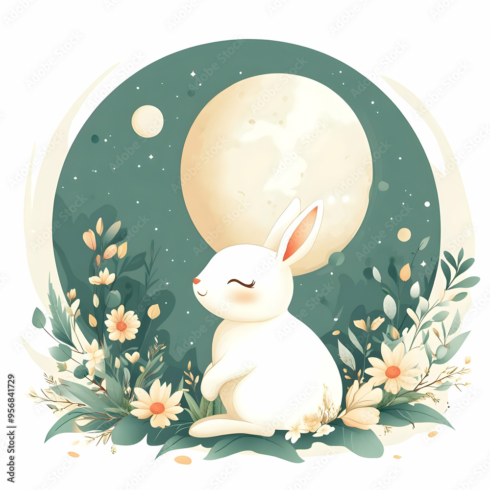 Flat Jade Rabbit and Moon Border Frame with Copy Space concept as A ...