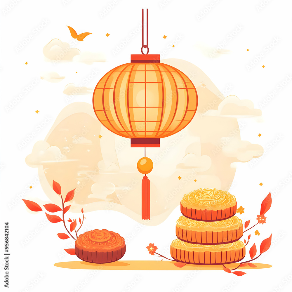 Flat Lantern and Mooncake with Mid Autumn Wording concept as A vector ...