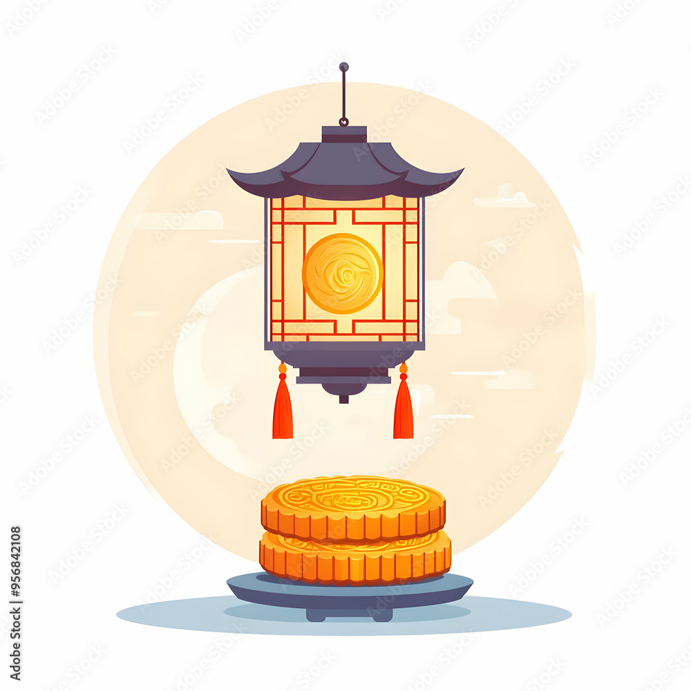 Flat Lantern and Mooncake with Mid Autumn Wording concept as A vector ...