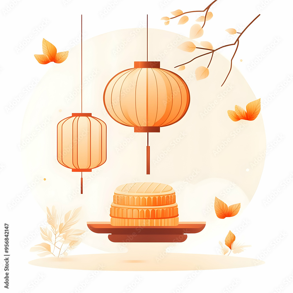 Flat Lantern and Mooncake with Mid Autumn Wording concept as A vector ...