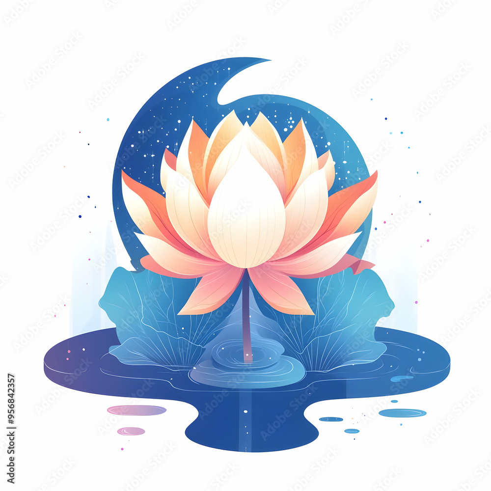 Flat Levitating Lotus and Moon with Mid Autumn Blessings Text concept ...