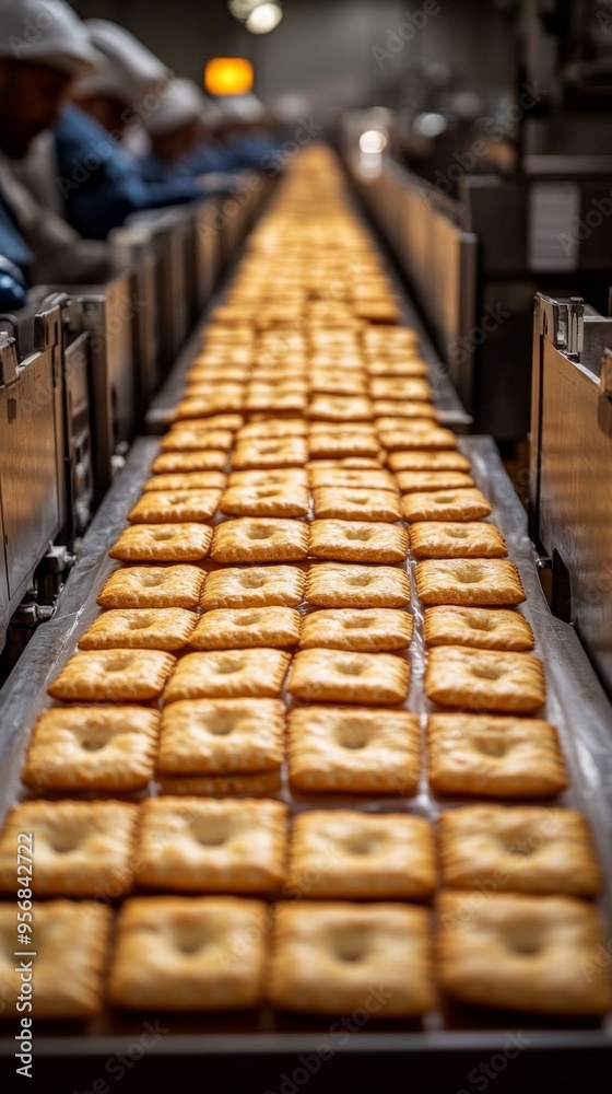 Wheat crackers being baked on a conveyor belt in a busy industrial ...