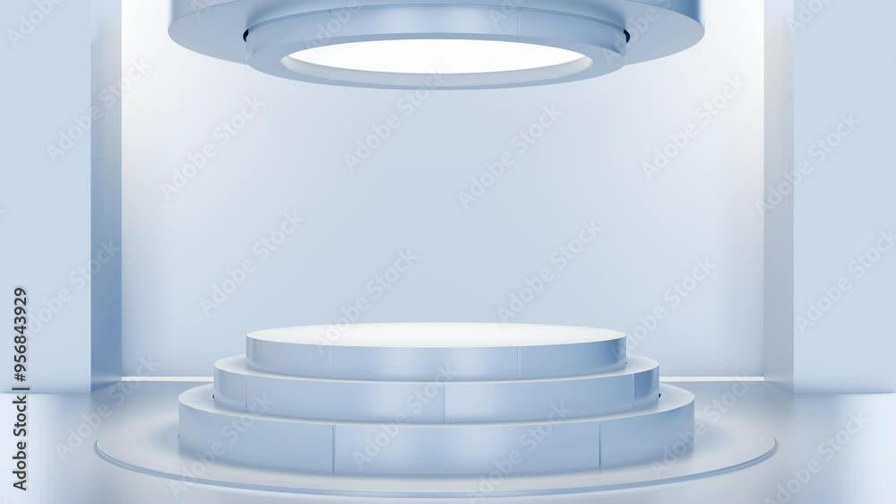 White room space with rotating round pedestal, exhibition podium or ...