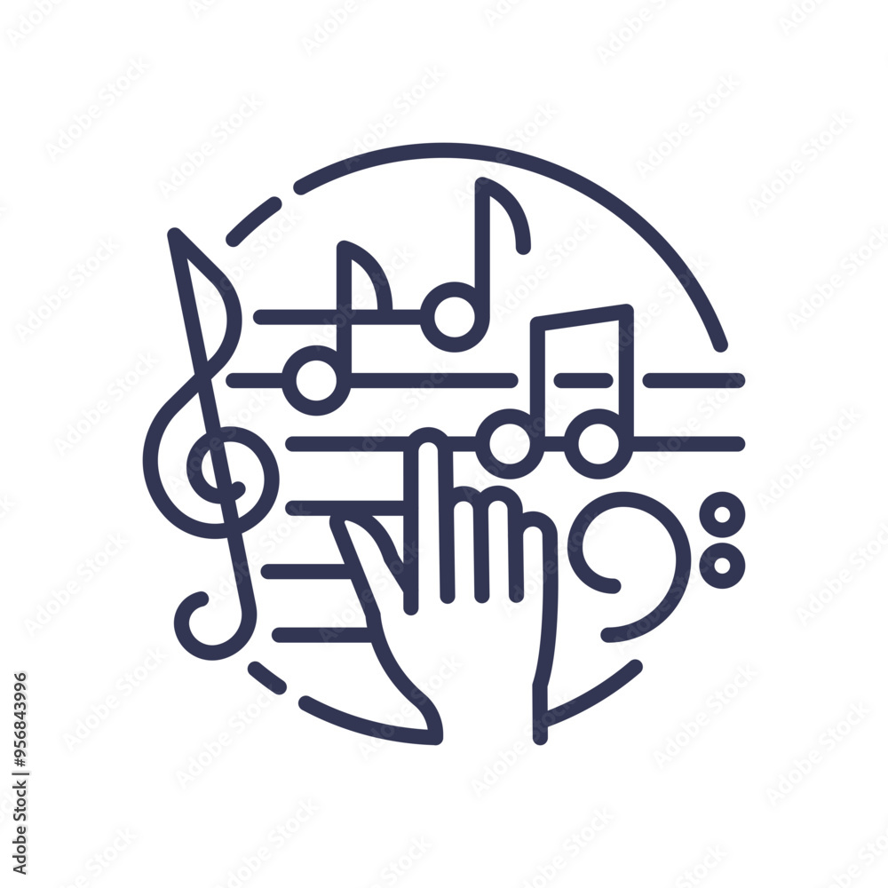 Illustration of a hand interacting with musical notes and symbols ...