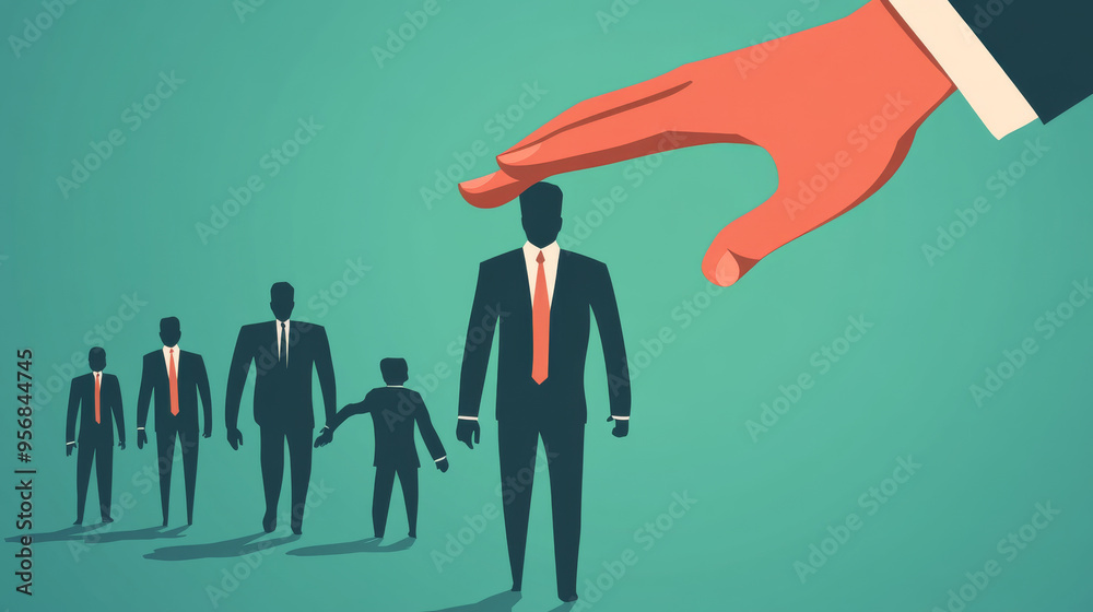 The illustration portrays a business concept where a large hand is seen ...