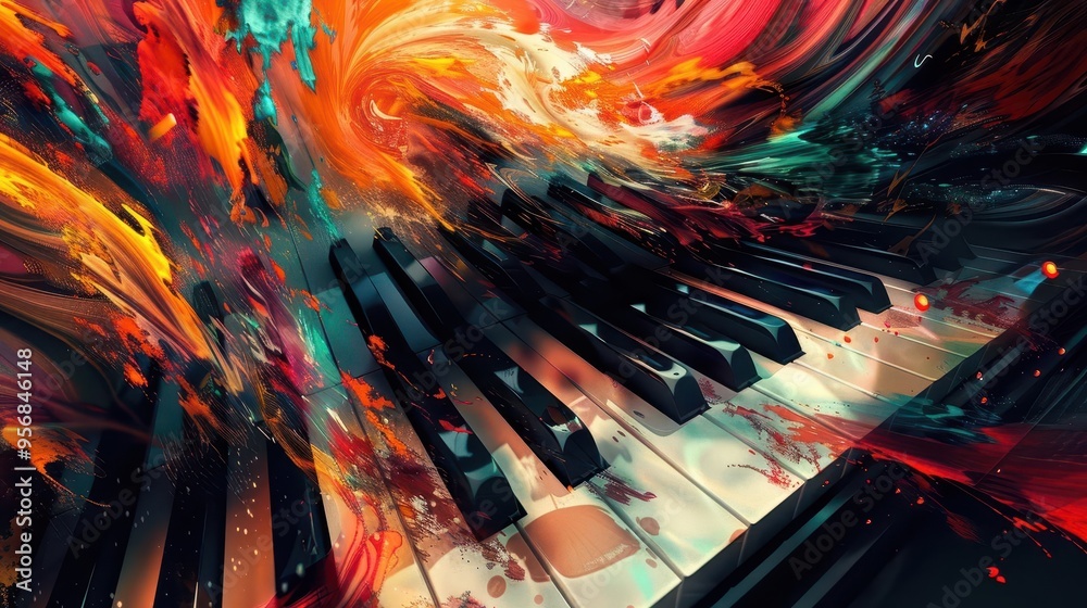 surreal flowing composition of vibrant piano keys morphing into ...