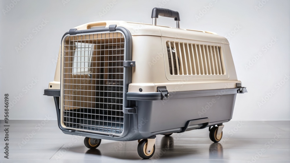 A sleek, ventilated pet travel crate sits securely on a wheeled dolly ...